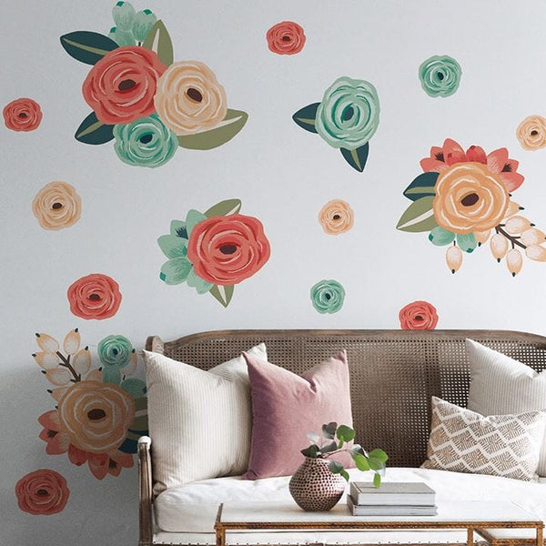 Coral,Teal, & Peach Graphic Flower Wall Decals | Urbanwalls